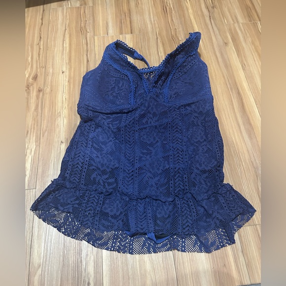 BECCA | Swim | Becca One Piece 3x Lace Blue Swimsuit With Skirt | Poshmark
